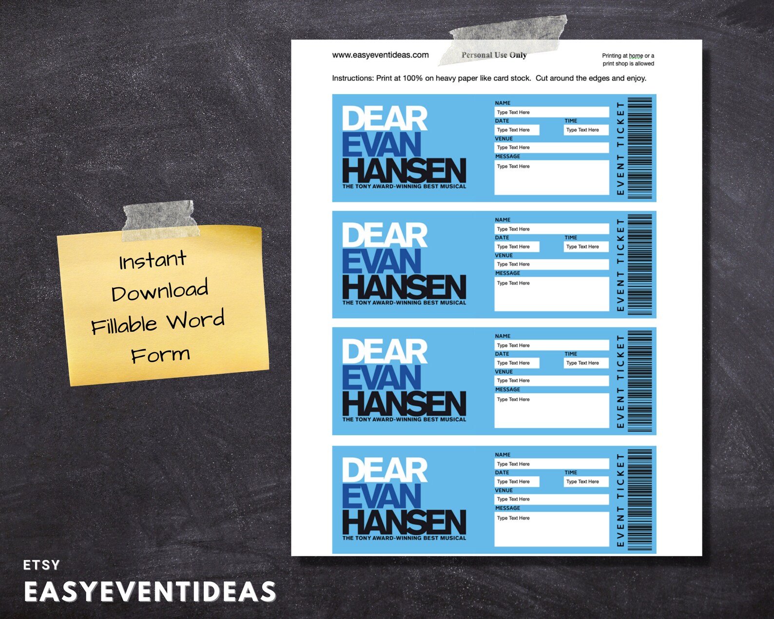 Printable Dear Evan Hansen Ticket | Editable Tickets | Musical Fake ...