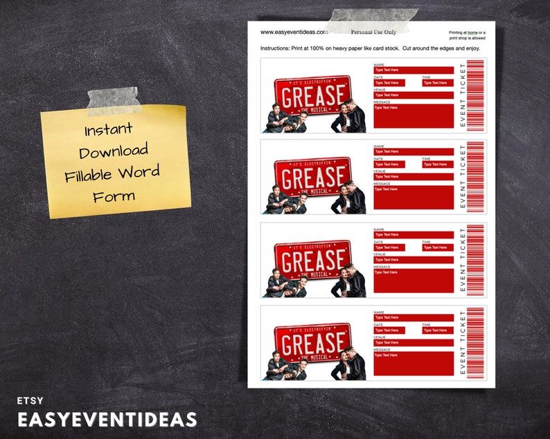 Printable Grease Ticket | Editable Grease Tickets | Grease Musical Fake ...