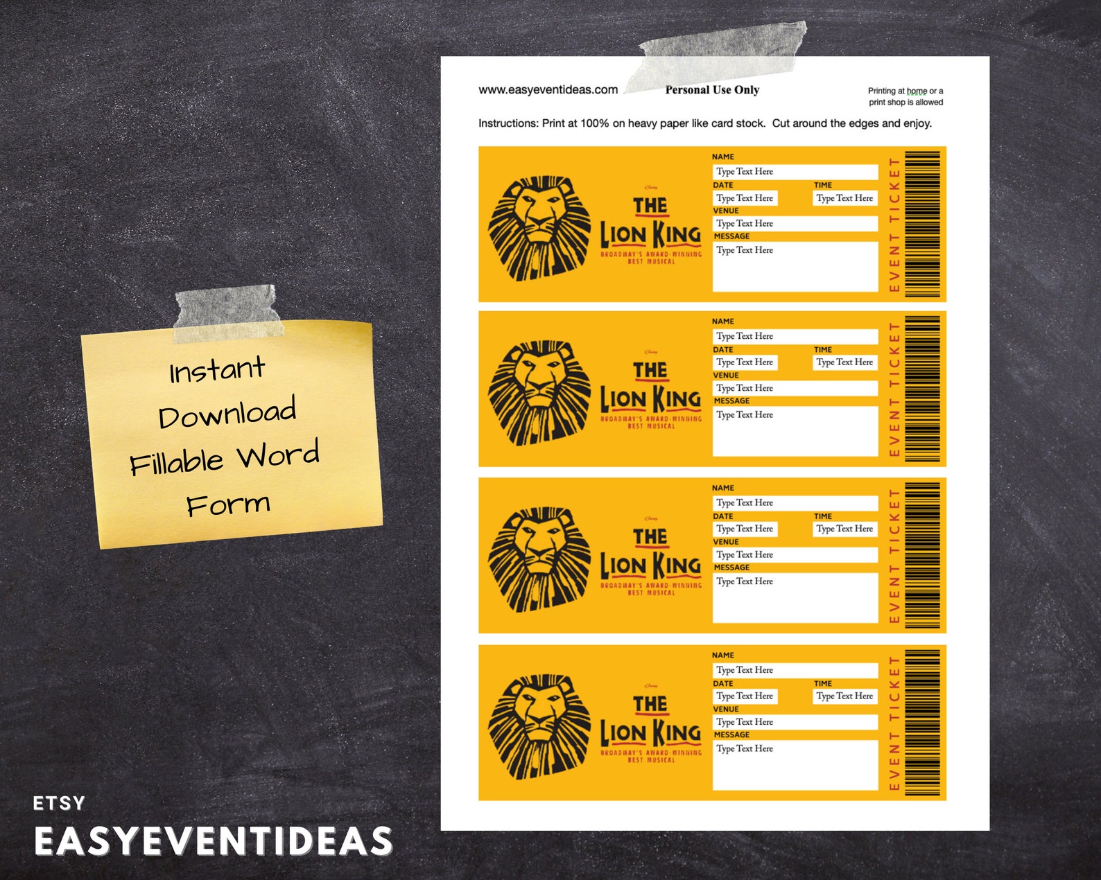 Printable Lion King Ticket Editable Tickets Musical Fake Etsy