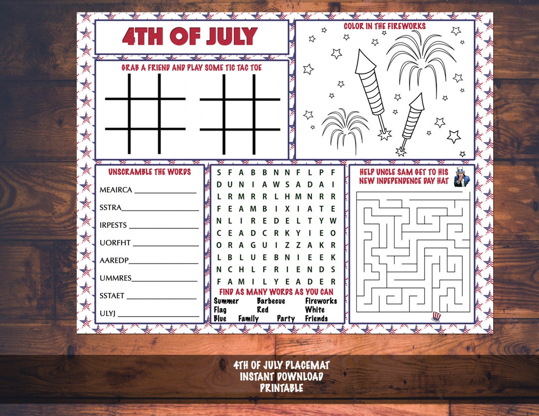 4th of July Independence Day Kids Activity Printable Placemat Instant ...