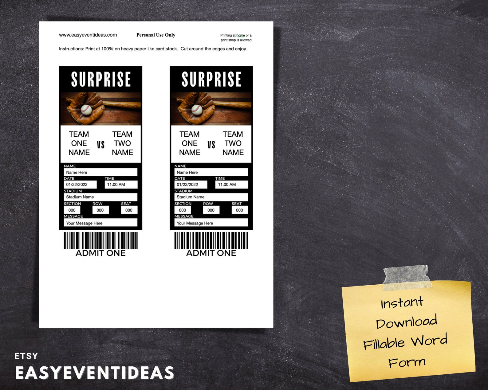 Printable Gift Baseball Tickets | Editable Baseball Tickets | Fake ...