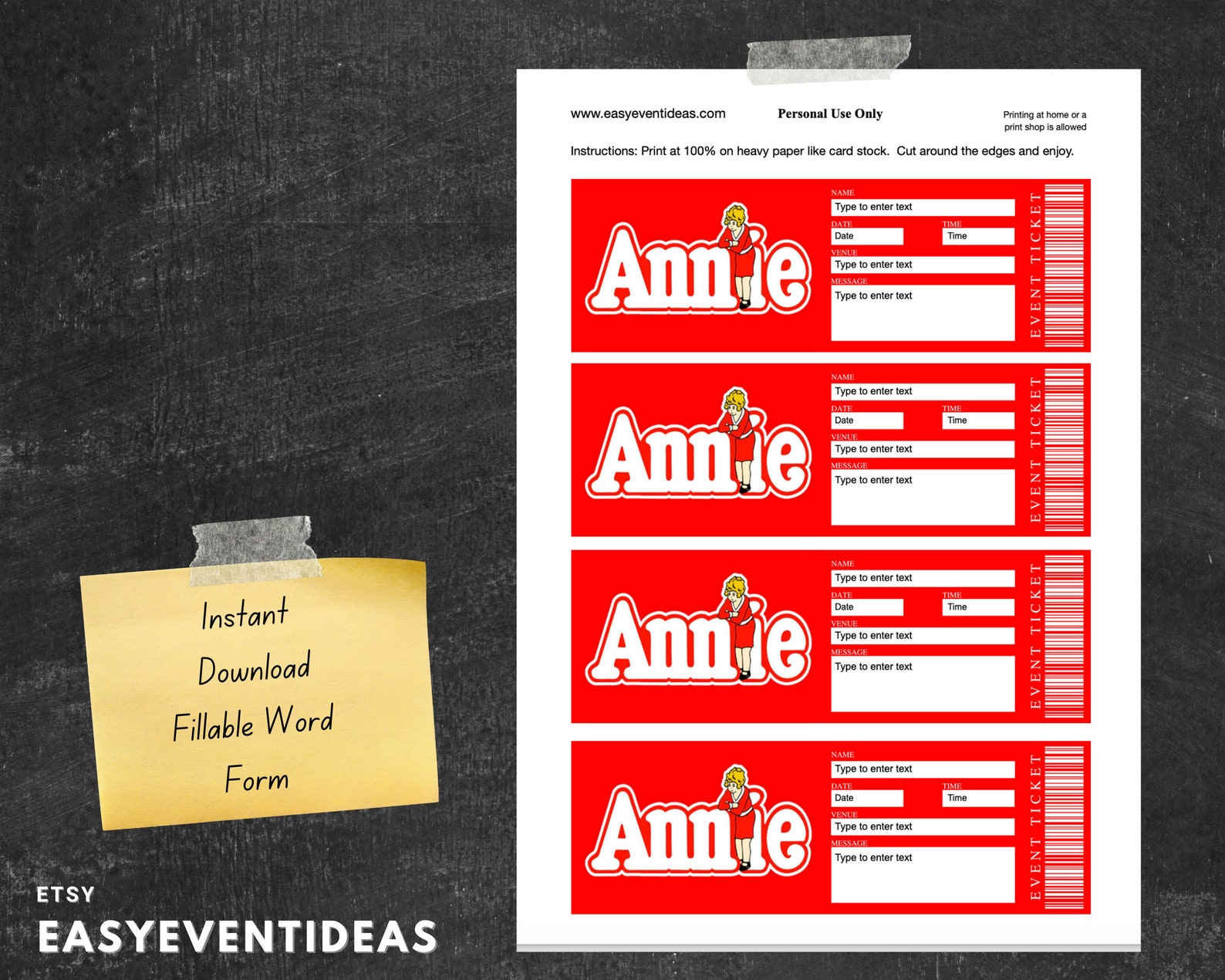 Printable Annie Ticket, Editable Annie Tickets, Annie Musical Fake ...