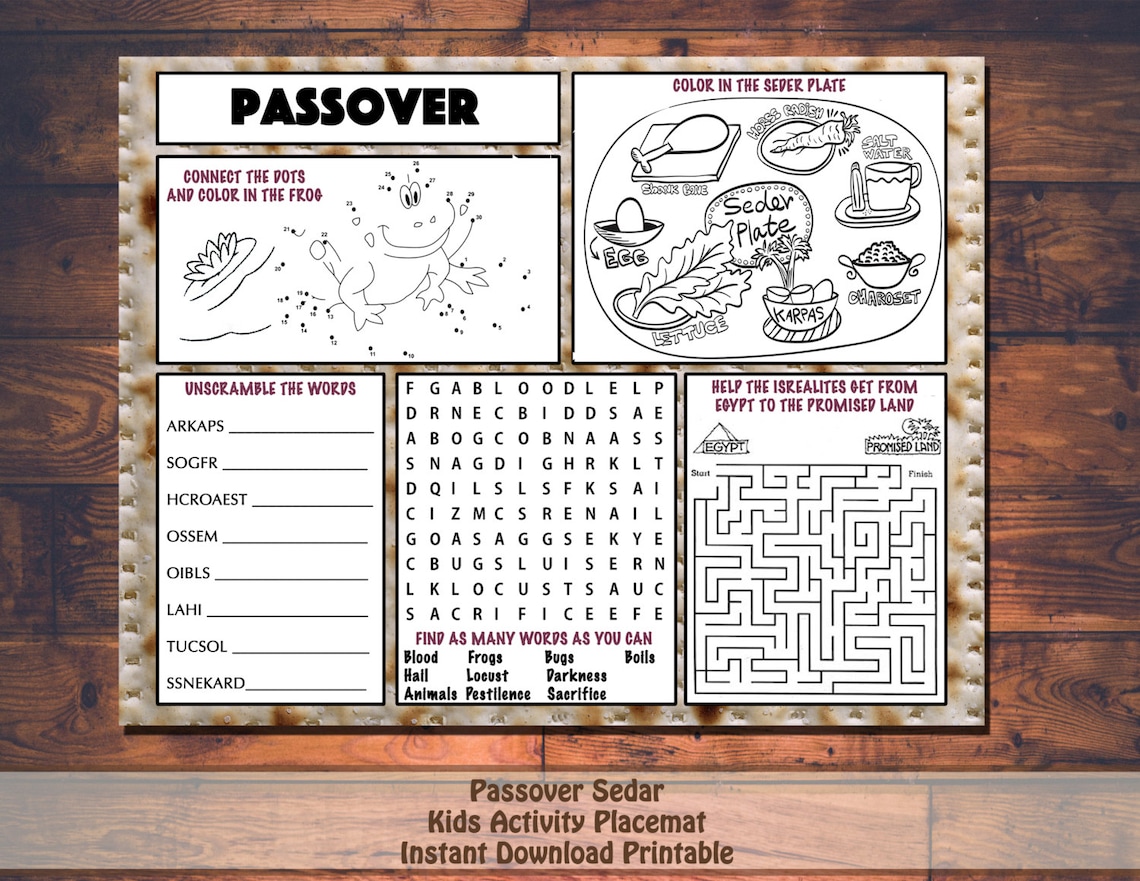 Kids Passover Pesach Activity Printable Placemat Instant Download - Etsy