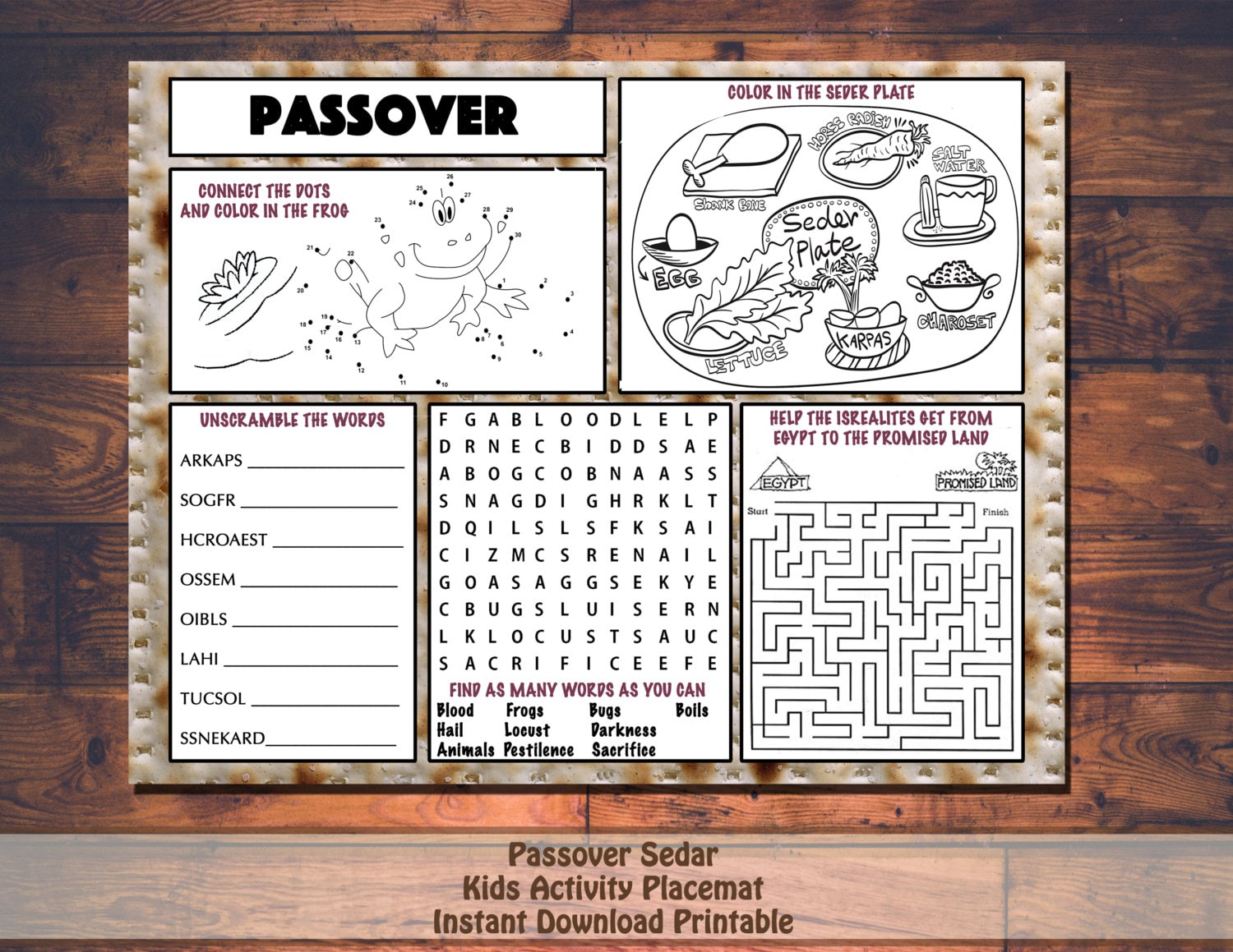 Kids Passover Pesach Activity Printable Placemat Instant Download - Etsy