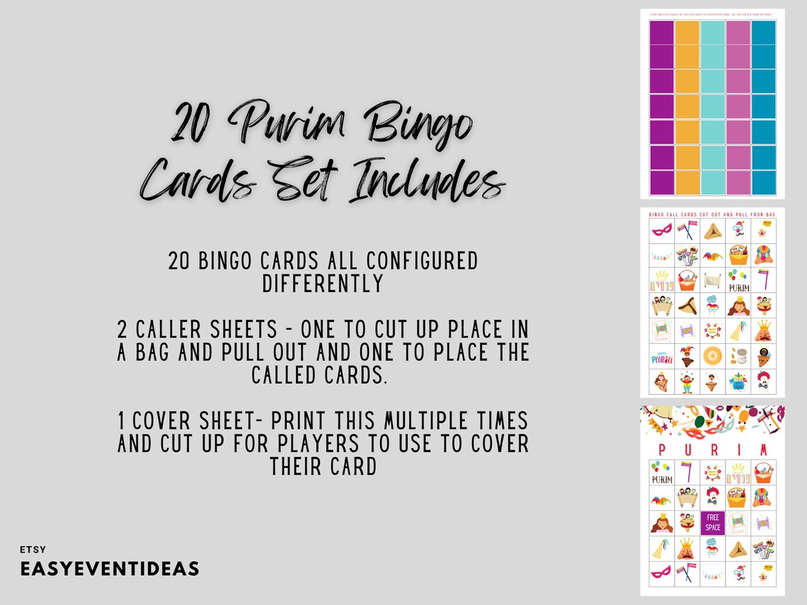 20 Printable Purim Bingo Cards | School Purim Party Game | | Purim ...