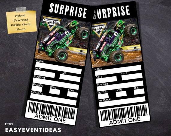 Printable Gift Monster Jam Tickets Editable Monster Jam - Etsy