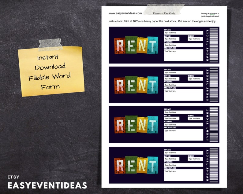 Printable Rent Ticket | Editable Rent Tickets | Musical Fake Surprise ...