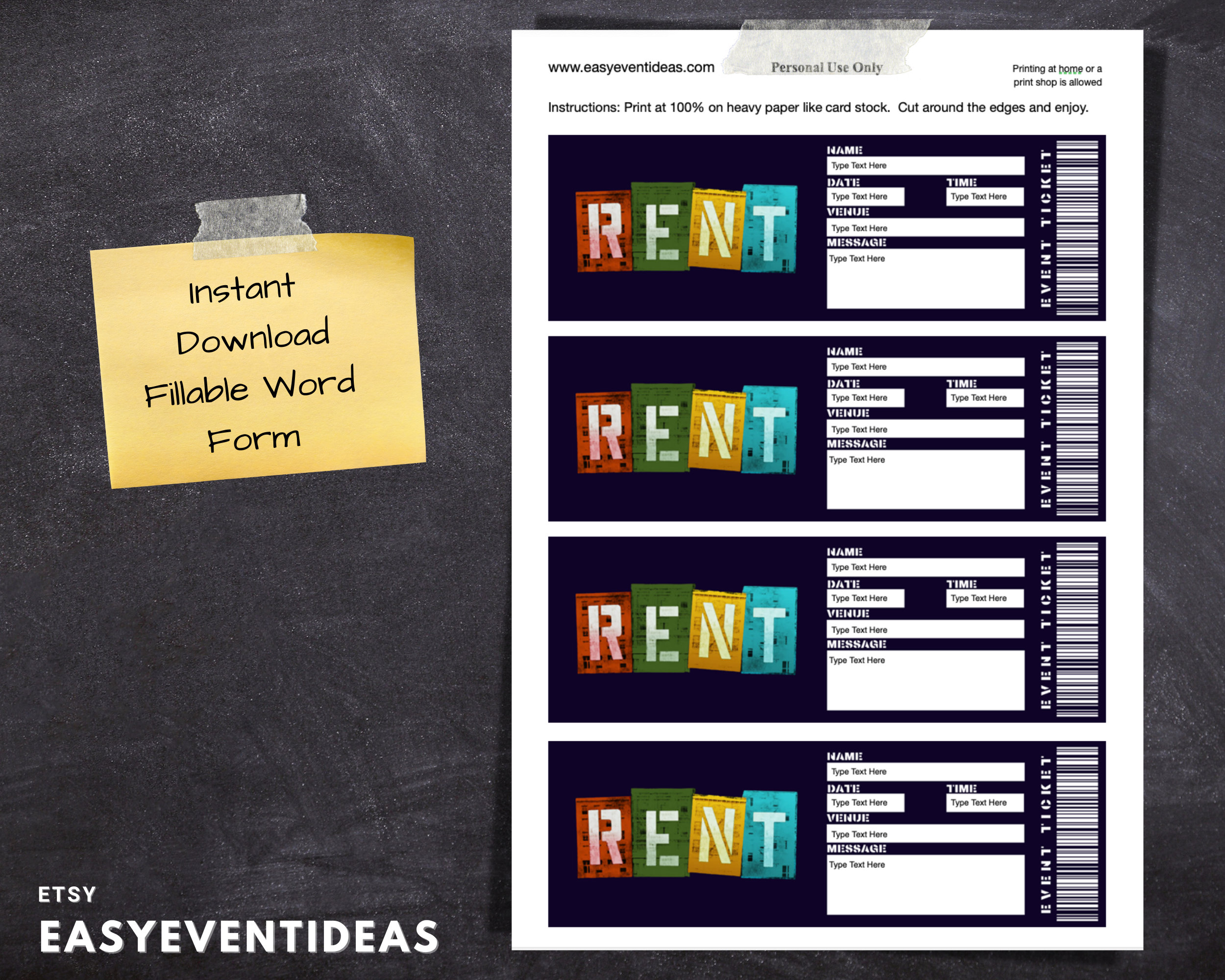 Printable Rent Ticket | Editable Rent Tickets | Musical Fake Surprise ...