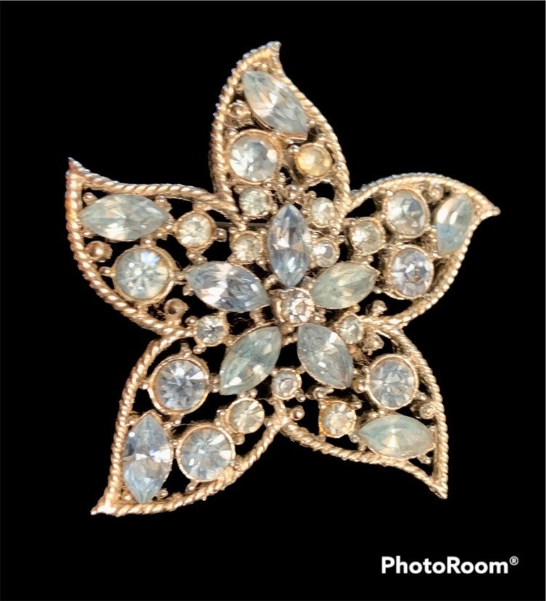 Pretty Star Shaped Blue and Crystal Rhinestone Brooch Pin Signed by ...