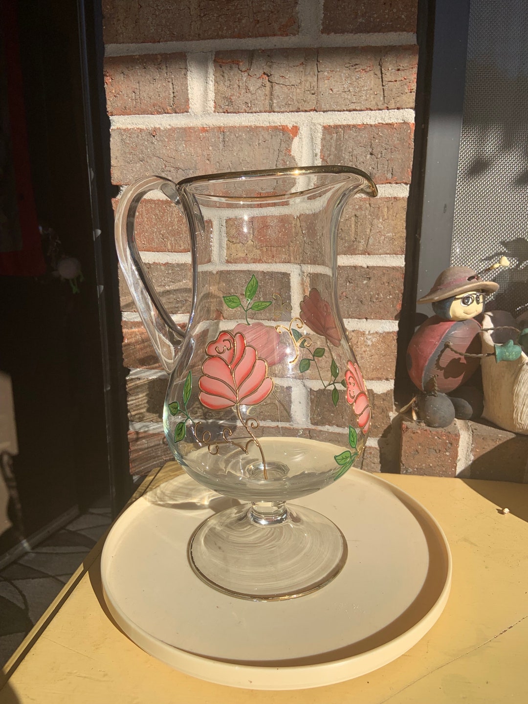 Crystal Clear Pitcher, Hand-painted Flowers, Gold Trim Pedestal Romania ...