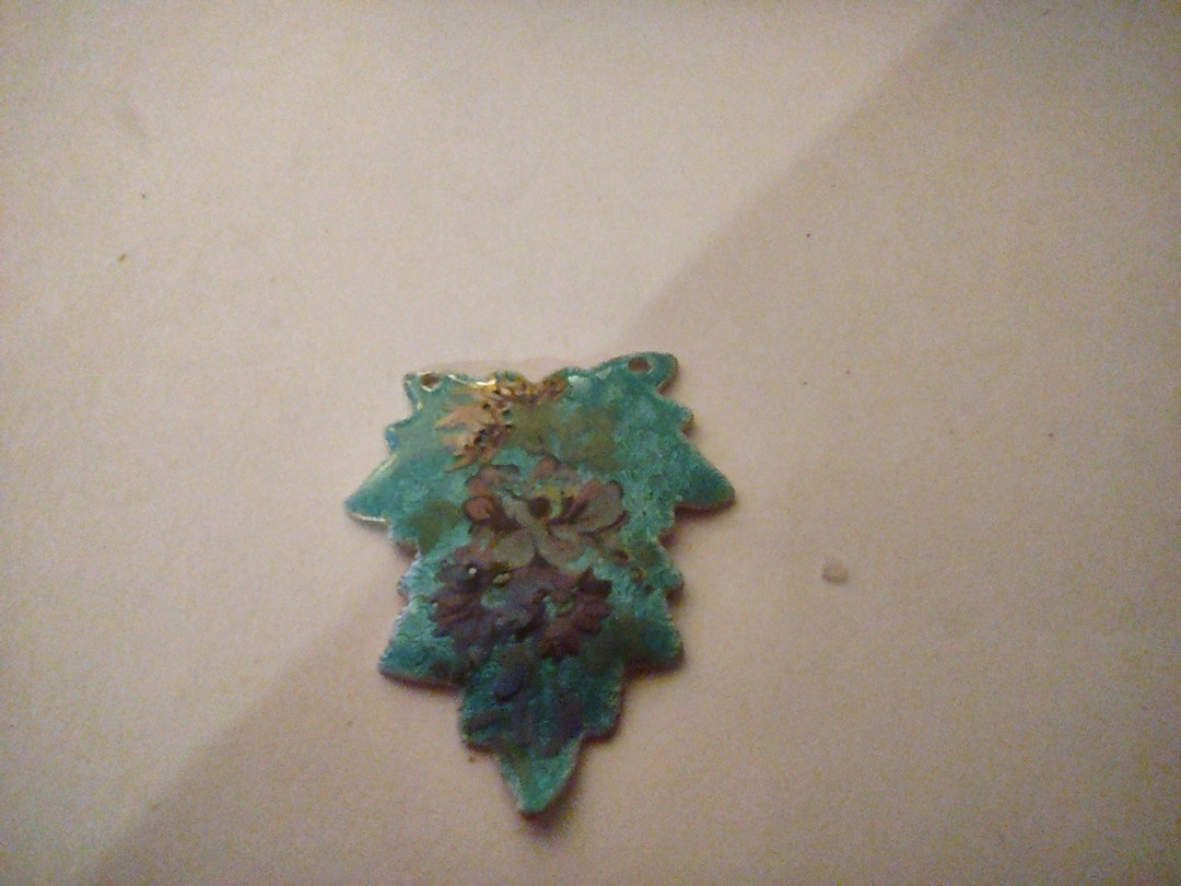 Vintage Guilloche Enameled Turquoise Leaf With Flower Design Pendant ...