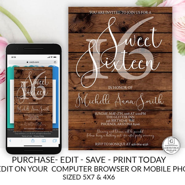 Rustic Sweet Sixteen Invitations - Etsy