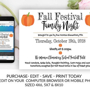 Fall Festival Family Night Invitation Flyer Template, Editable ...