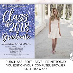 Slate Blue Graduation Invitation Template Instant Download Glitter DIY ...