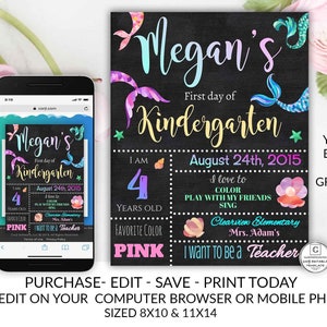 Mermaid First Day of School Sign Any Grade Any Age Editable Printable ...