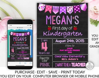 First Day of School Sign Template Chalkboard Printable Girl | Etsy