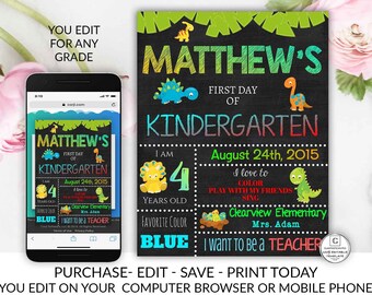 Dinosaur First Day of Kindergarten Sign Instant Download - Etsy