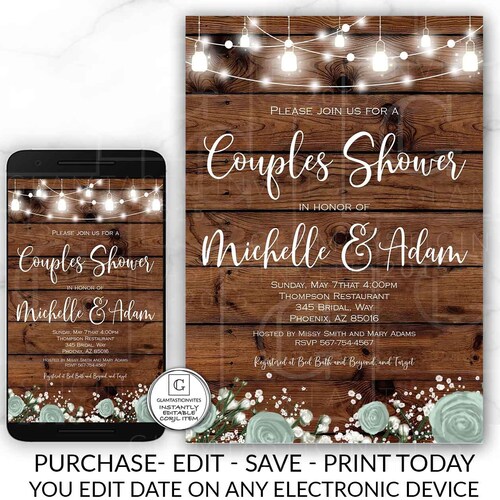 Couples Shower Invitation Printable Rustic Wedding Templates - Etsy