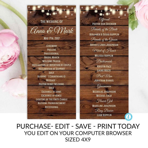 Rustic Wedding Program Template - Etsy