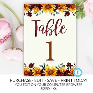 Sunflower Table Numbers, Printable Table Numbers, Editable Table ...