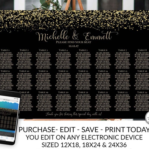 Black and Gold Seating Table Chart Template Gold Glitter - Etsy