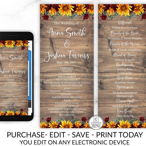 Rustic Wedding Program Template Sunflower Wedding Program | Etsy