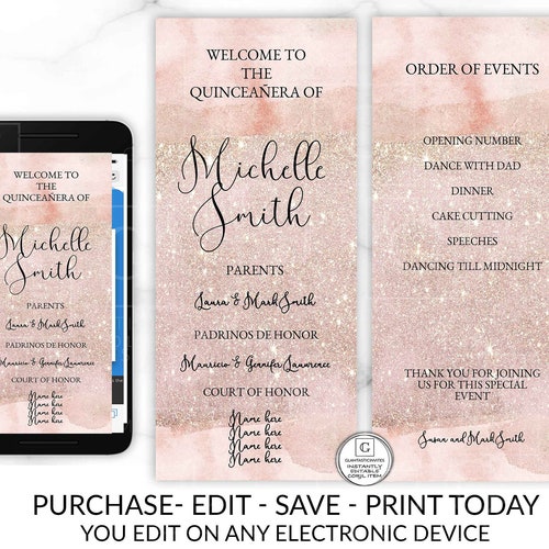 Quinceanera Program Template Editable Printable Template - Etsy