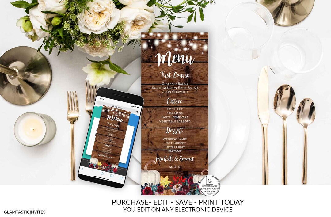 Fall Menu Template, Rustic Thanksgiving Wedding Pumpkin Menu, Editable ...