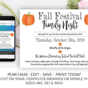 Fall Festival Family Night Invitation Flyer Template, Editable ...