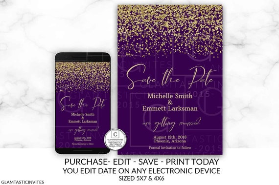 Purple And Gold Wedding Invitations Template
