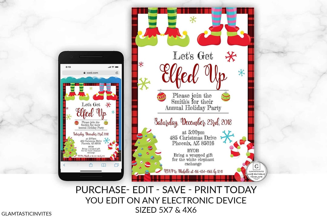 Let's Get Elfed up Invitation, Holiday Christmas Invitation, Editable ...