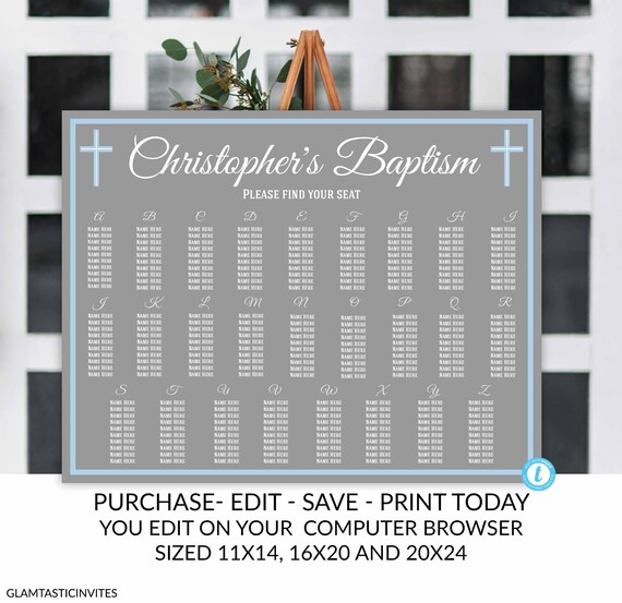 Grey Blue Baptism Communion Seating Chart Alphabetical Editable ...