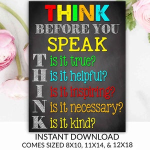Think Before You Speak Sign, Teacher Decor, Classroom Decoration ...