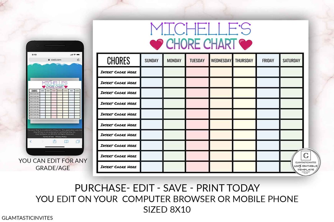 Editable Girl Chore Chart Schedule Printable Template You Edit Yourself ...