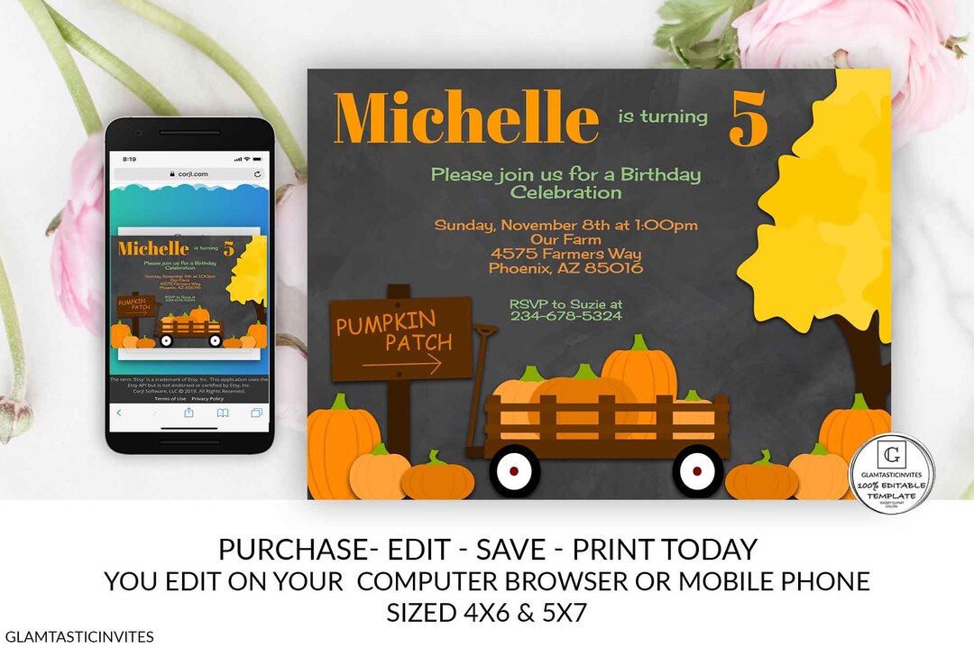 Fall Pumpkin Patch Birthday Invitation Template Chalkboard Editable ...