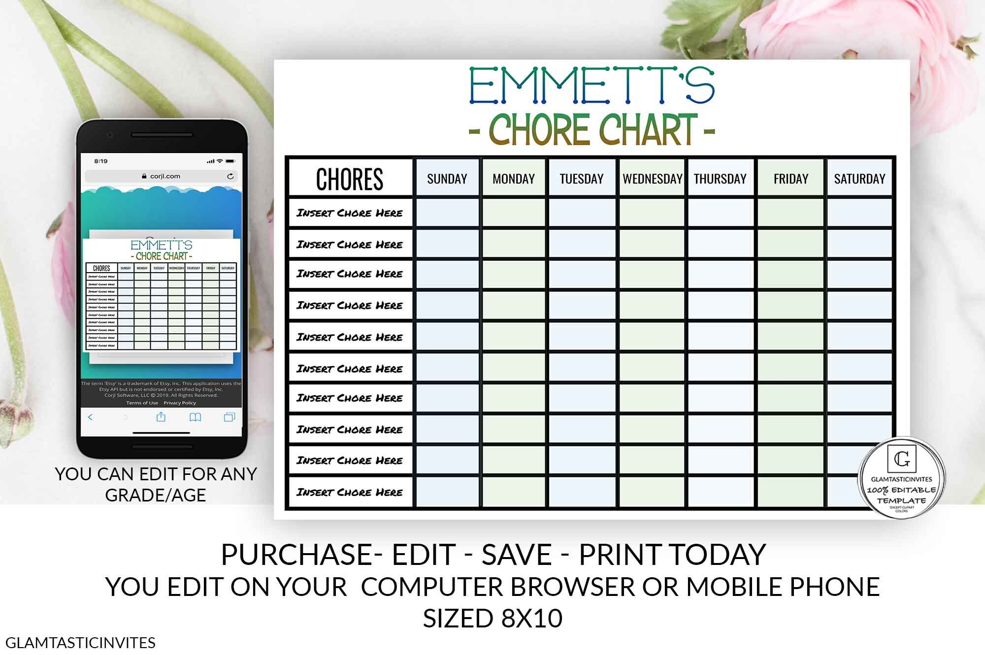 Editable Boy Chore Chart Schedule Printable Template You Edit | Etsy