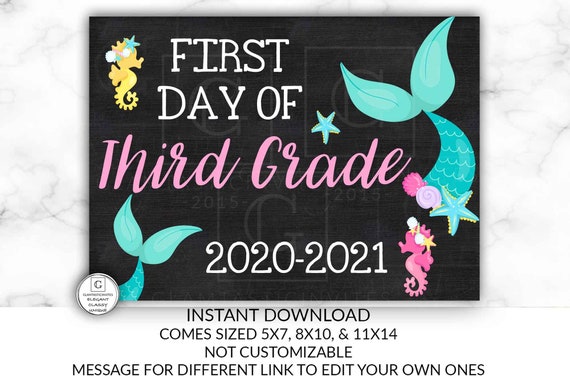 Mermaid First Day of Third Grade Sign Chalkboard Digital Printable Sign ...