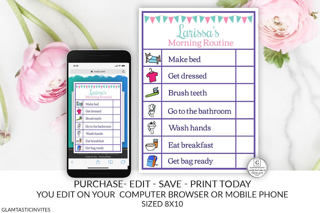 Girl Printable Editable Chore Chart Instant Download Daily Activities ...