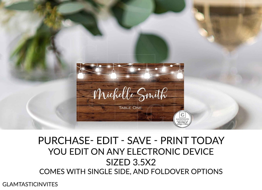 Rustic Wedding Place Card, Wedding Template, Rustic Template, DIY Place ...