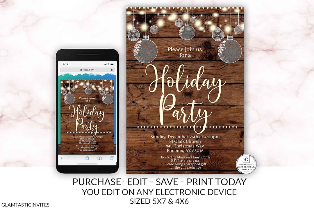 Rustic Christmas Holiday Party Invitation Template Editable Printable ...