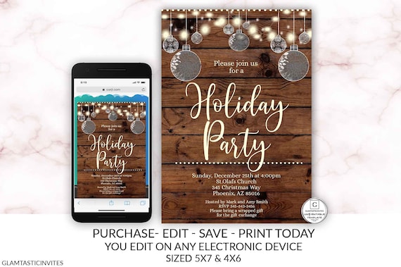 Rustic Christmas Holiday Party Invitation Template Editable Printable ...