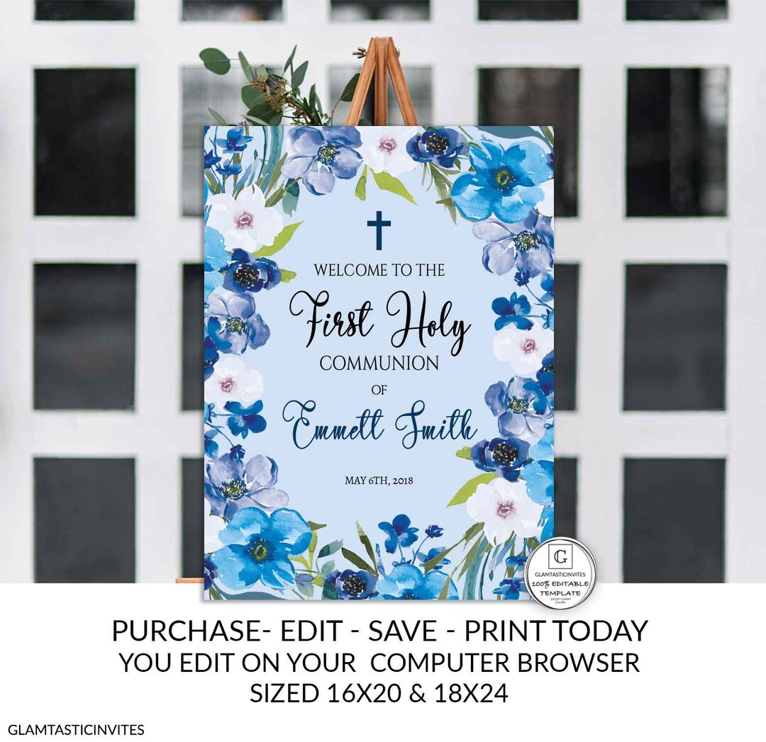 Blue Floral First Communion Welcome Sign Boy First 1st Communion ...