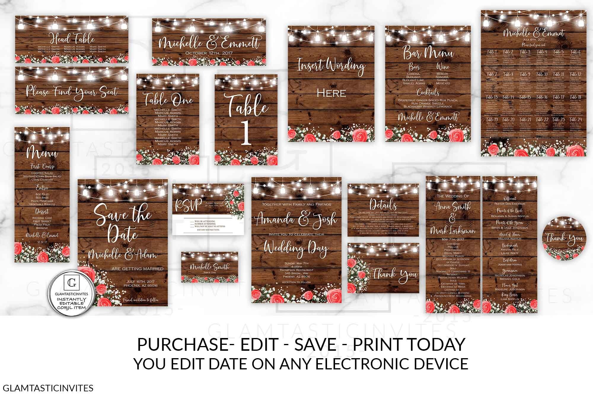 Printable Rustic Wedding Invitation, Red Rose Wedding Invitation, DIY ...