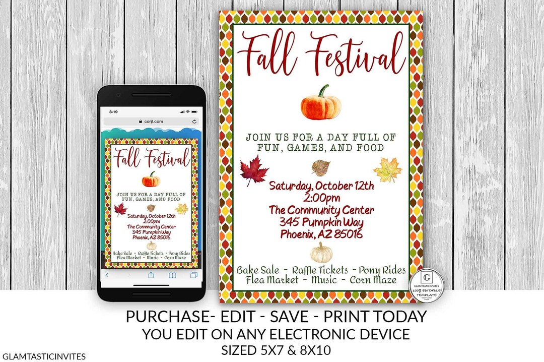 Fall Festival Flyer Template Invitation Editable Printable Thanksgiving ...