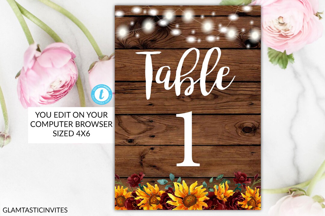 Rustic Sunflower Table Numbers, Printable Table Numbers, Editable Table ...