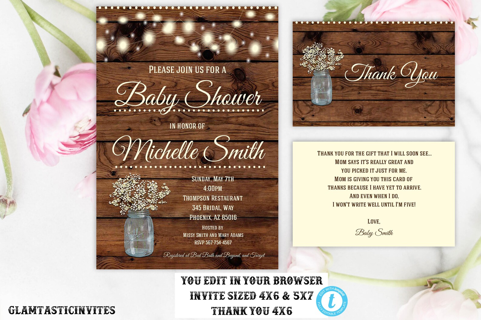 RUSTIC BABY SHOWER Invitation, Flower Baby Shower Invitation, Wood Baby ...