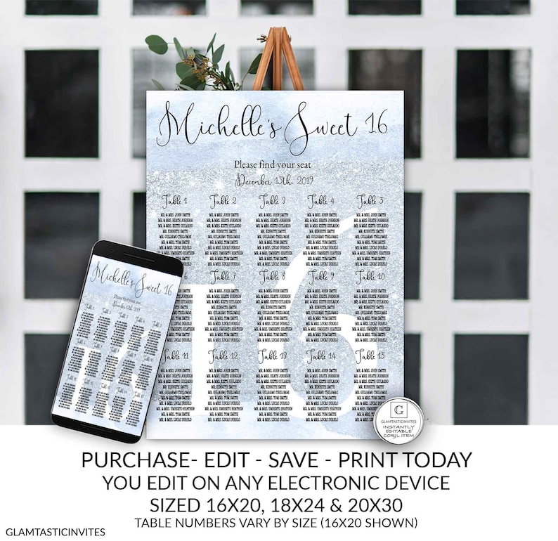 Printable Sweet 16 Seating Chart Blue Seating Chart Template - Etsy