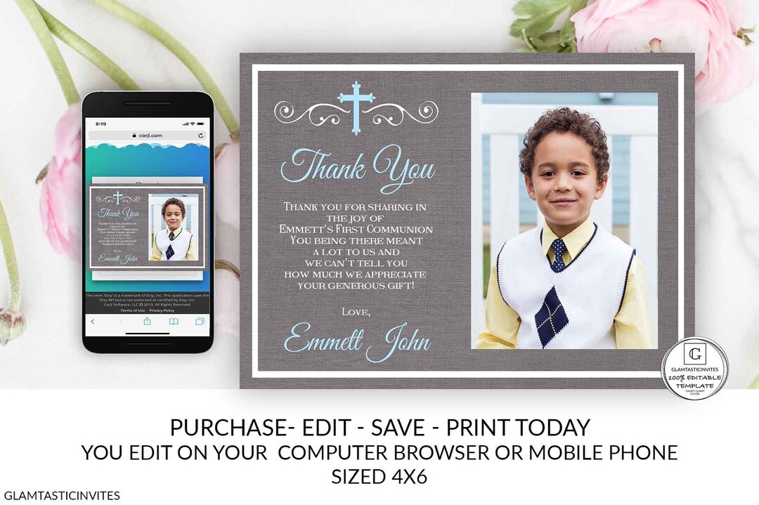 Boy First Communion Thank You Card 1st Communion Thank You Template ...