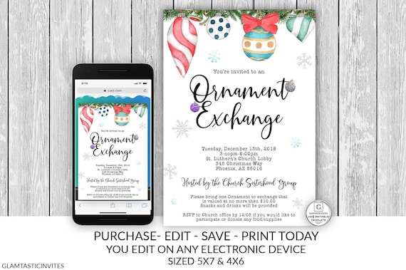 Printable Ornament Exchange Party Invitation, Editable Christmas Party ...