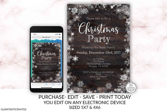 Editable Rustic Christmas Party Invitation Template Holiday | Etsy